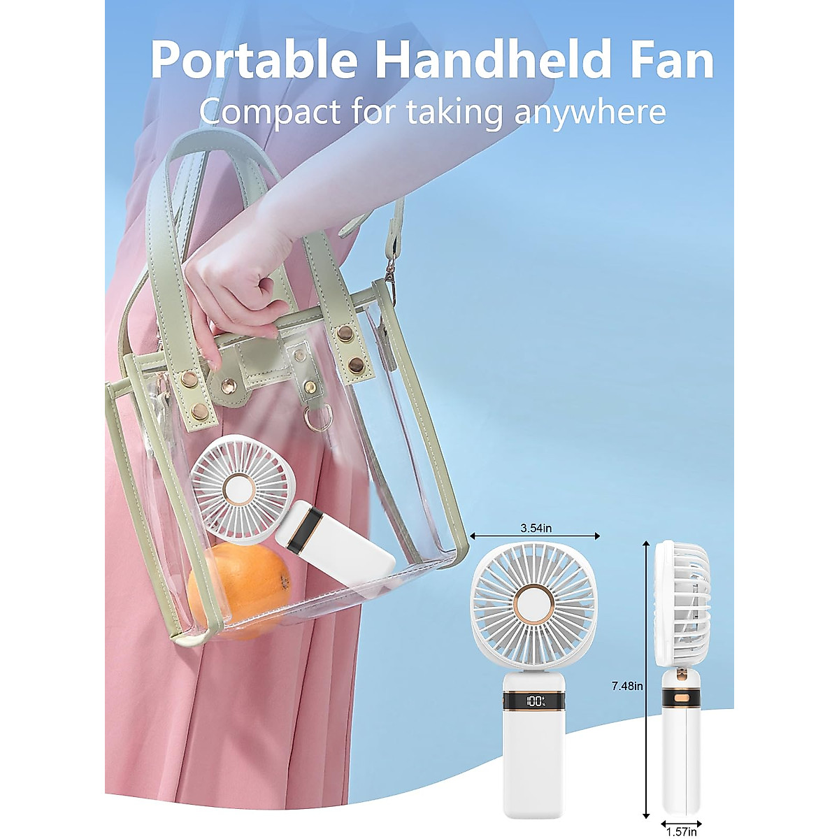 Sida-Earcy Portable Handheld Fan, Powerful Personal Fan with Base 5 Adjustable Speed USB Rechargeable Battery Operated Cooling for Women Girl Travel Office (White)