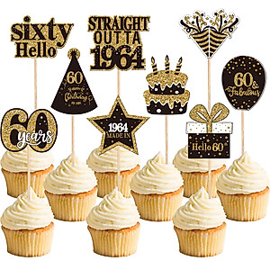 36PCS Happy 60th Birthday Cupcake Toppers Double Sided Black Gold Sixty Hello 60 Straight Outta 1964 Cupcake Picks 60 Fabulous Cheers to 60 Years Cake Decorations for 60th Birthday Party Supplies