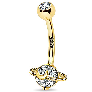COCHARM 14k Gold Belly Button Rings 14G Saturn Yellow Gold Belly Rings for Women Dainty Belly Piercing Jewelry