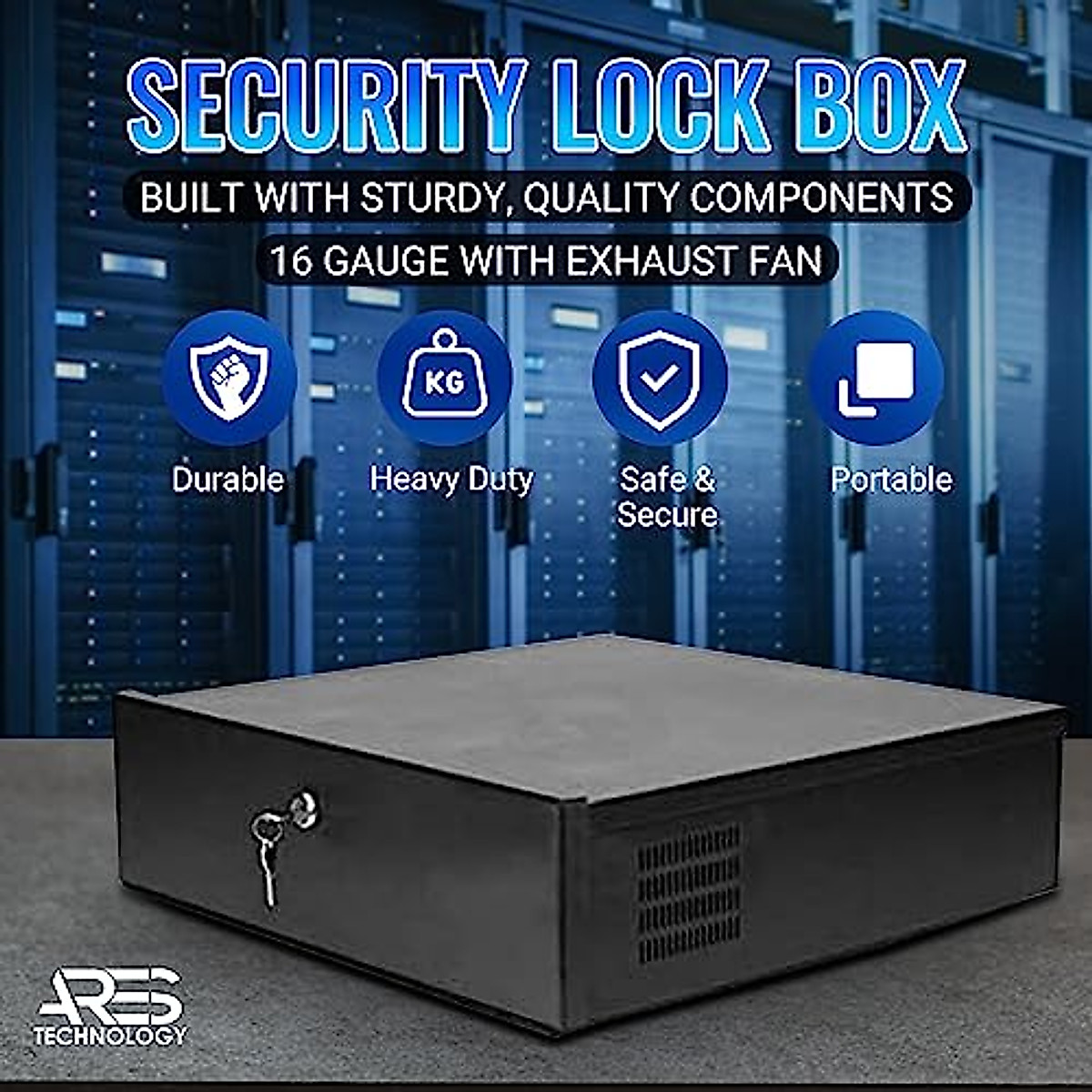 Heavy Duty Steel 18" x 18" x 5" DVR/PC Security Lock box with 16 Gauge steel walls, Exhaust Fan, Great electonics lock box for stores, gyms, classrooms, and any public place (BLACK, 15" x15"x5")