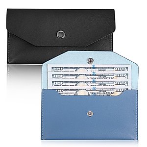 SKYDUE Cash Envelopes, PU Leather Money Envelopes for Cash, Reusable Money Pouch Bag for Cash Saving, Waterproof Cash Envelope Wallet, Budget Cash Envelopes, 2 Pieces (Blue & Black）