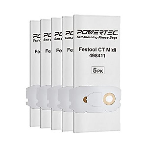 POWERTEC 75048 Fleece Filter Bags for Festool 498411 Fits CT Midi, 5PK