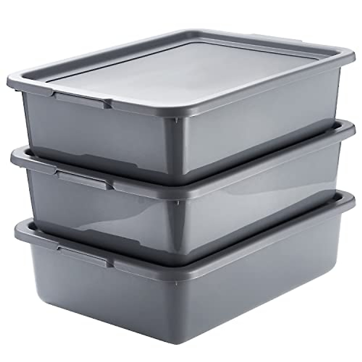 Plastic Commercial Bus Box/Utility Box 13L with lid, Grey Wash Basin Tote Box, Lidded Food Service Bus Tub, 3-Pack