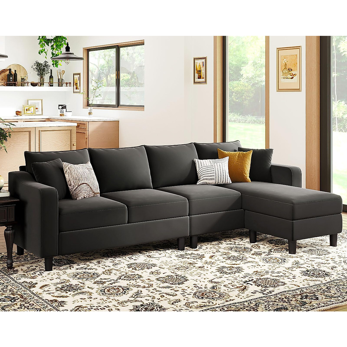 Belffin Velvet Convertible Sectional Sofa L Shaped Couch Reversible Sectional Sofa with Chaise Velvet 4 Seat Sectional Sofa (Grey)…