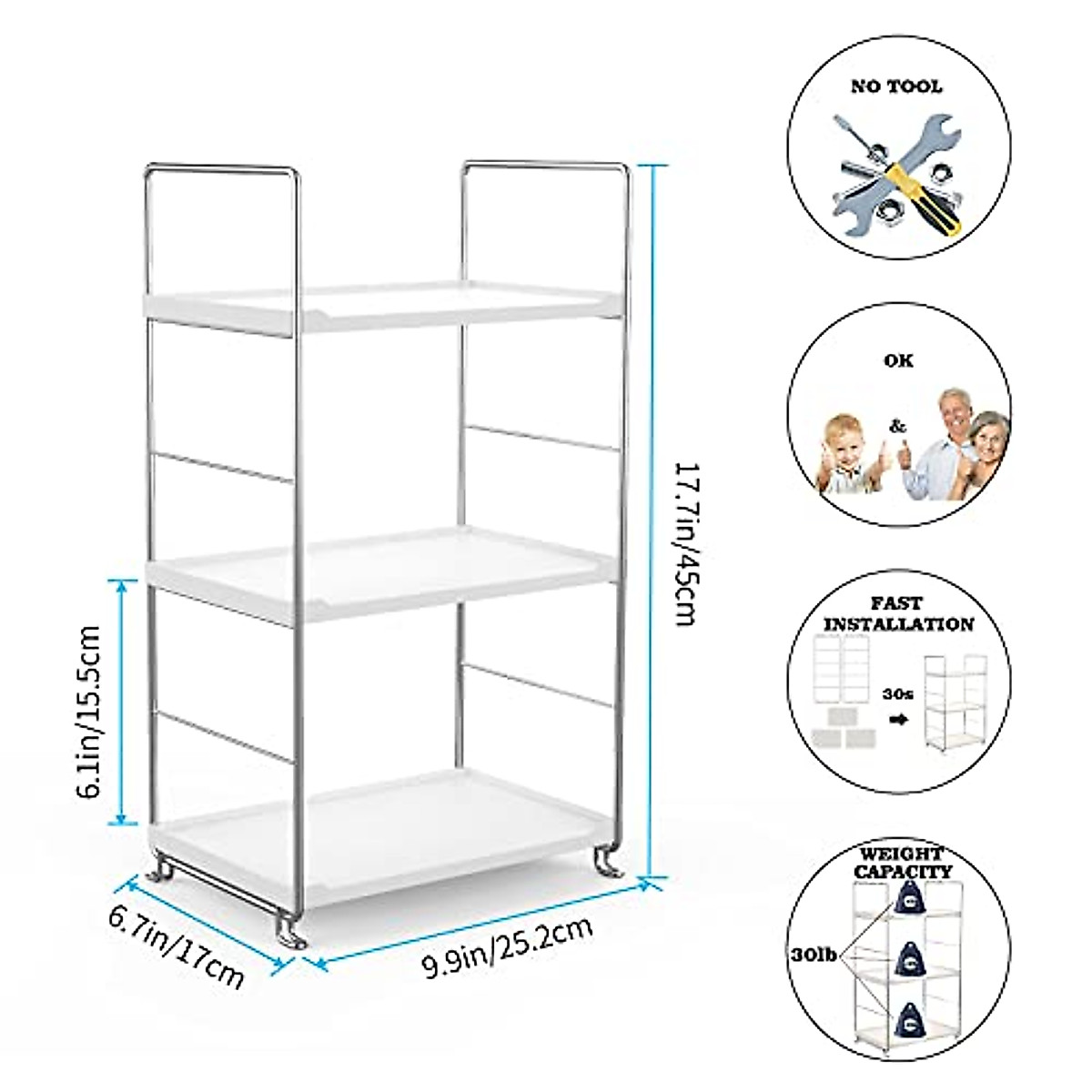 JANUS LiANG 3-Tier Bathroom Organizer Countertop - Makeup Organizer Cosmetic Holder Corner Storage Shelf Kitchen Spice Rack Standing Counter Shelf for Vanity, Bathroom, Bedroom, Kitchen (Chrome)