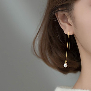 Waterdrop Pearl Sterling Silver Threader Earrings for Women Girls Elegant Shell Pearl Long Tassel Chain Dangle Drop Statement Earring Studs Ear Line Dainty Jewelry Gifts Hypoallergenic 18K Gold Plated (Yellow Gold)