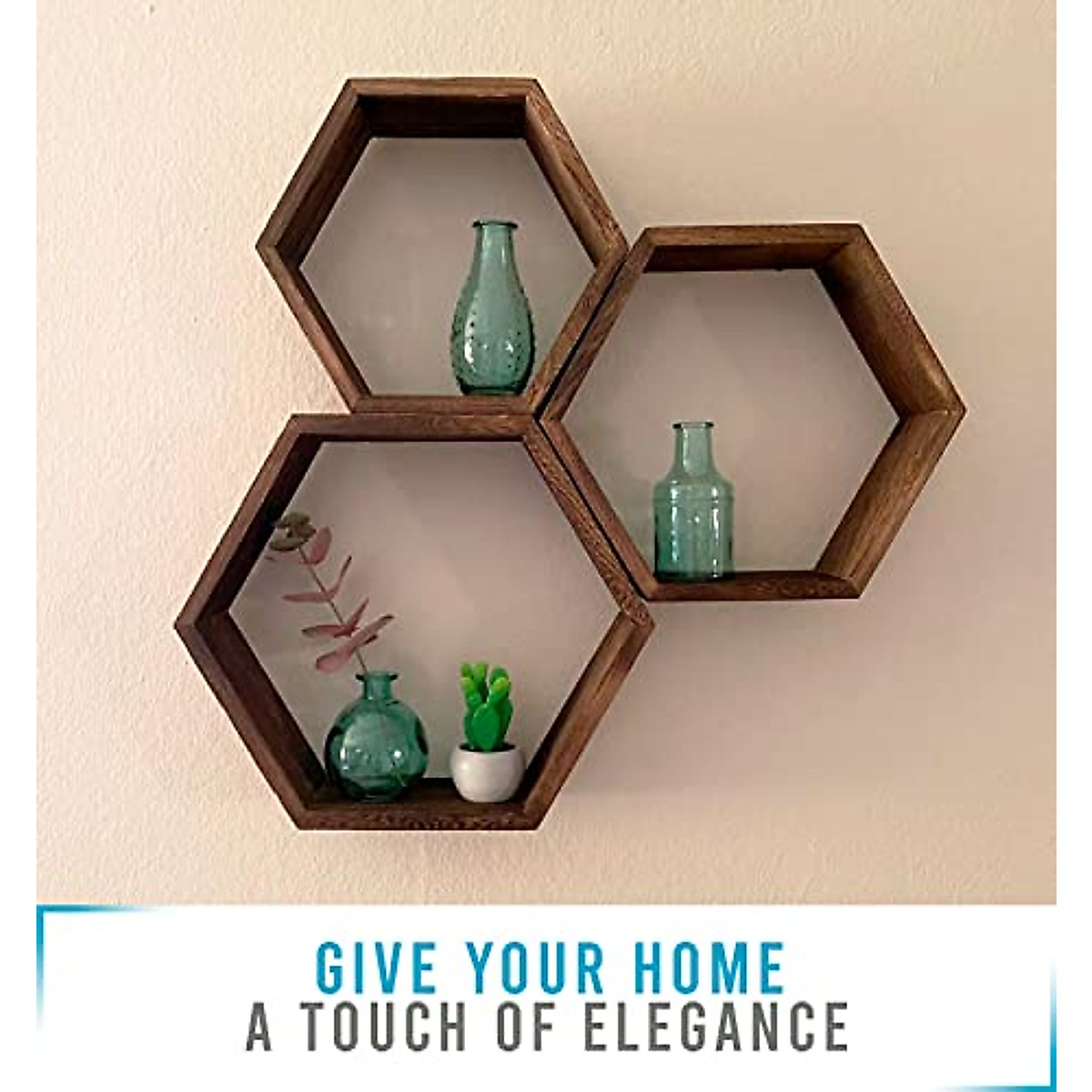Rustic Wall Mounted Hexagonal Floating Shelves – Set of 3 – Large, Medium and Small – Screws and Anchors Included - Farmhouse Shelves for Bedroom, Living Room and More – Honeycomb Wall Décor - Torched