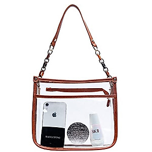 KKXIU Fashion Clear Crossbody Purse for Women and Teen Girls Stadium Approved PU Leather Concert Bag with Adjustable Strap (Brown)