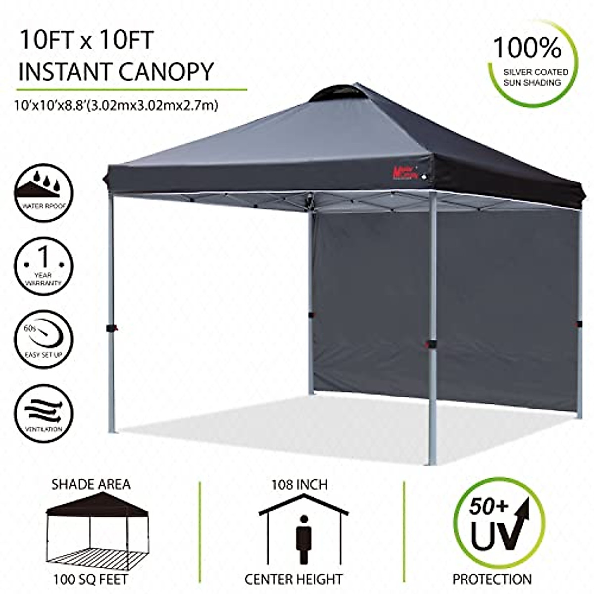 MASTERCANOPY Durable Ez Pop-up Canopy Tent with 1 Sidewall (10'x10',Black)