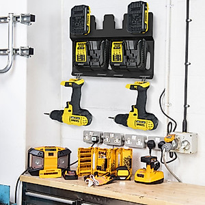 Riuog Wall Mount Bracket for DeWalt Battery and DCB112 Charger, Metal Black Rugged 4 Battery Holder and Charger Holder for Tool Room and Garage