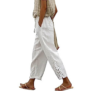 BIRW Size L White Womens Linen Pants with Pockets High Waist Comfy White Gauze Pants for Women Casual Summer Lightweight Loose Embroider Oceanside Trousers Tapered Ninth Pants