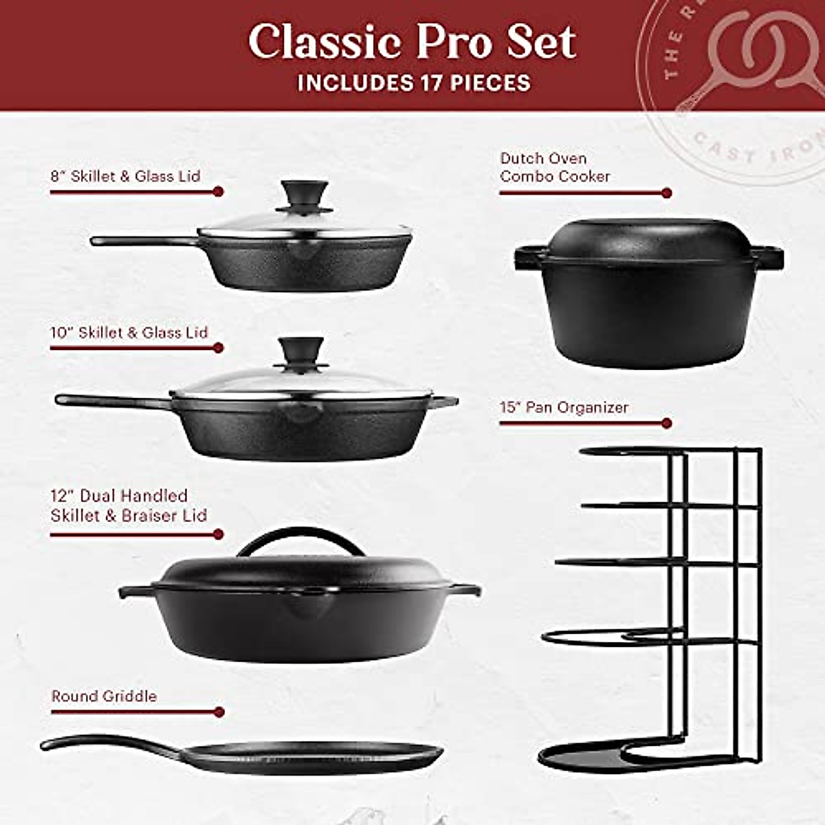 Cuisinel Cast Iron 17-Piece Preseasoned Cookware Set - 8"+10" Skillets + Lids + 5-Quart Dutch Oven + 12" Braiser with Cast Iron Lid + Round Griddle + 15" Organizer Rack + Pan Scraper + Silicone Handle