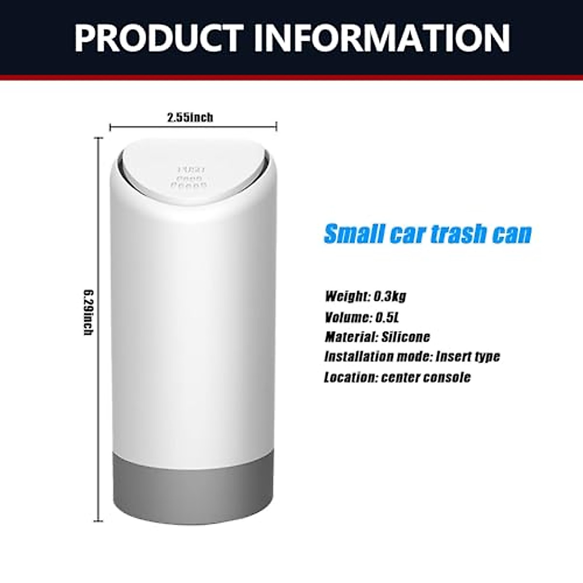 UGSHY 1 PC Car Trash Can with Lid, 2.5" x 6.2" Silicone Portable Small Trash Can, Cup Type Embedded Integrated Waterproof Trash Can for Most Cars SUVs and Trucks (White)
