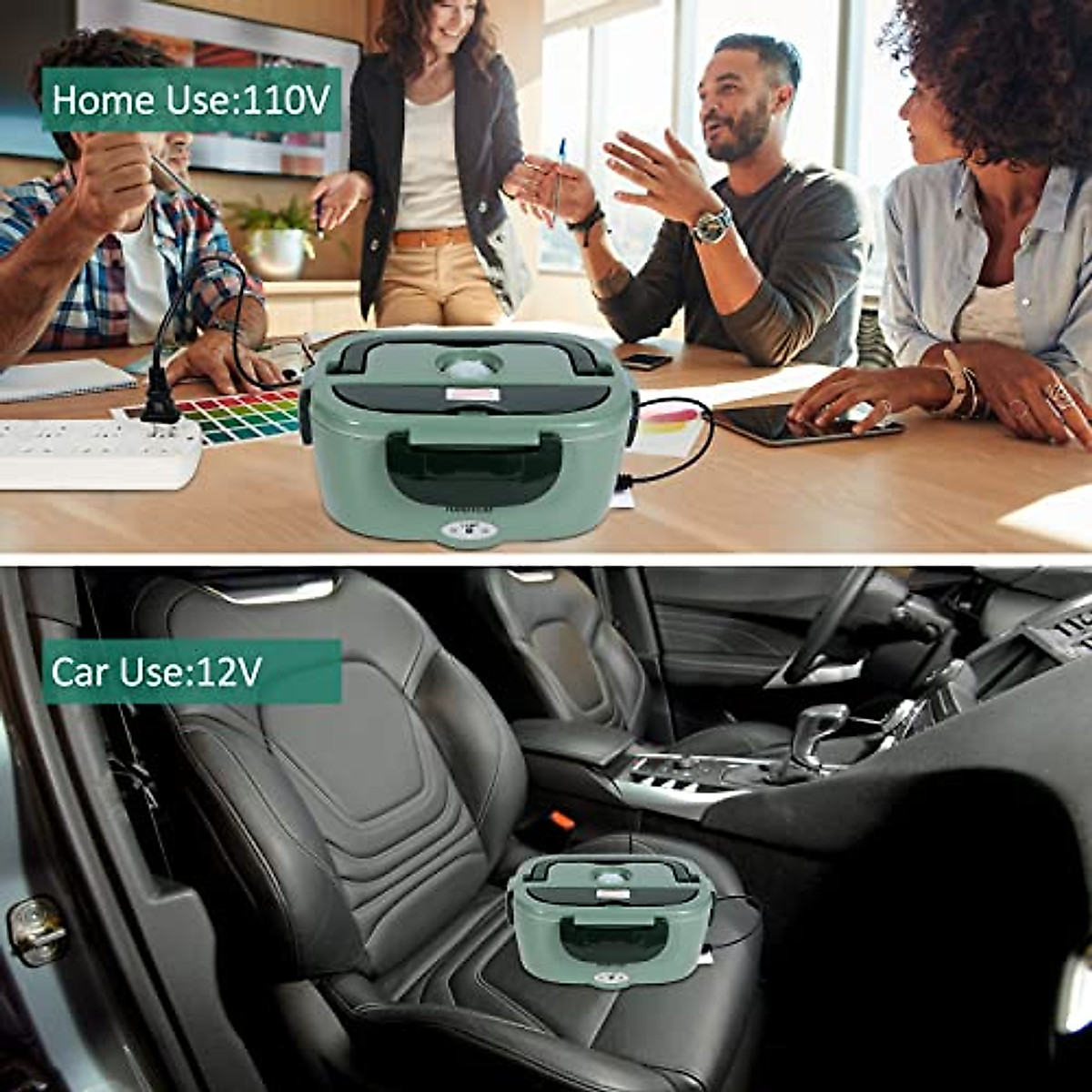 HANFFCAT Electric Lunch Box, Portable Box Food Heater Leak-Proof Sealing Ring Waterproof And For Car、Truck Work 12v 110v 55w ,Stainless Steel Container Spoon Fork、Handbag, Green (DRFH-02)