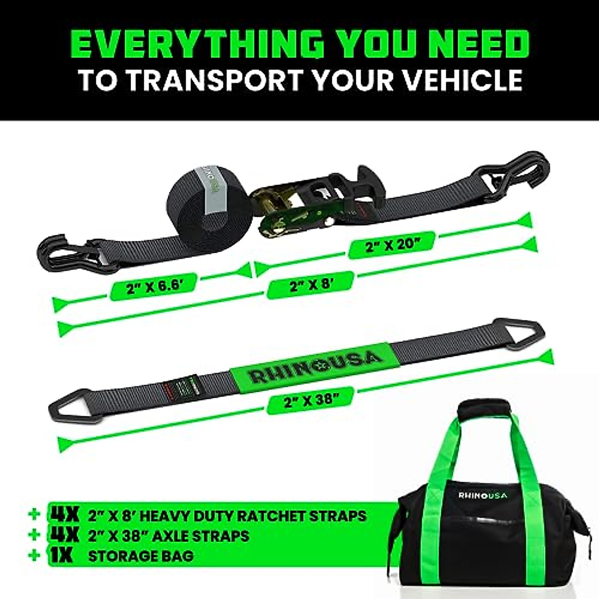 Rhino USA Car Trailer Ratchet Straps Kit - 11,128lb Guaranteed Break Strength - Use for Car, Truck, UTV & More - (4) Premium 2" x 8' Ratchet Straps with Padded T-Handles + (4) Axle Straps Tie Down