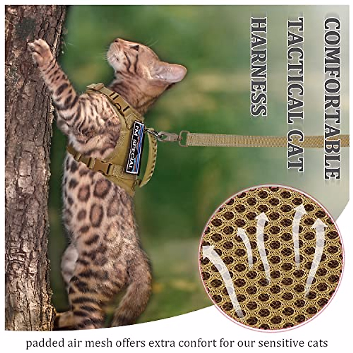 nanappice Tactical Cat Harness and Leash for Walking Esacpe Proof,Adjustable Soft Mesh Large Cat Vest with Rubber Handle Easy to Control,Molle Pathes