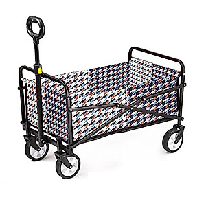 Collapsible Wagon Cart Houndstooth Check Geometric in Blue Orange White Seamless Multicolored Foldable Utility Wagon Large Capacity Garden Cart with Push Bar for Beach Camp Outdoor Shopping