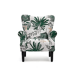 MELLCOM Mid Century Wingback Arm Chair,Modern Upholstered Fabric High Back Accent Chair with Wood Legs,Upholstered Single Sofa Club Chair for Living Room, Bedroom, Home Office, Green Leaves