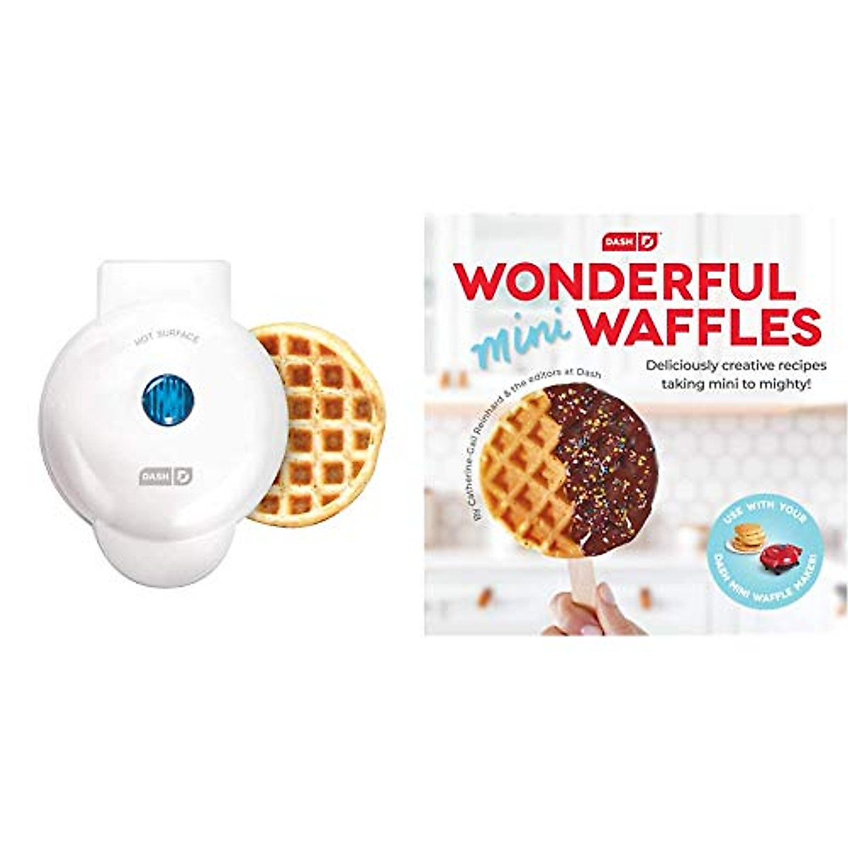 Dash DMW001WH Machine Mini waffle maker, 4 inch, White & DCB001MW Wonderful Mini Waffles Recipe Book with Gluten, Vegan, Paleo, Dairy + Nut Free Options, Over 80+ Easy to Follow Guides, Cookbook