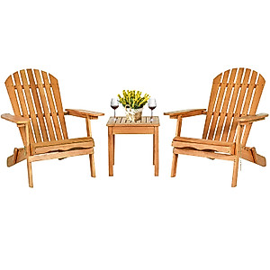 Tangkula 3 Pieces Adirondack Chair Set, Outdoor Wood Furniture Set with 2 Folding Lounge Chairs & Side Table, Widened Armrest, Slatted Design, All Weather Conversation Set for Garden Patio Backyard