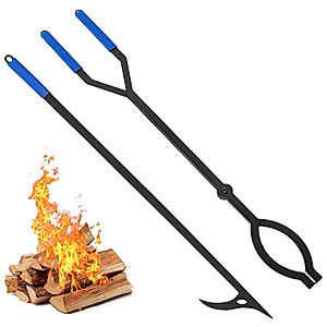40" Fire Poker Set Heavy Duty Fire Poker for Fire Pit Campfire Fireplace Outdoor/Indoor, Black Rustproof Solid Steel Large Fireplace Poker Log Grabber Safely Moves Firewood