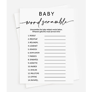 All Ewired Up 50 Baby Shower Word Scramble Game (50-Cards) Fun Baby Shower Game Activity, Gender Neutral Boy or Girl, Minimalist