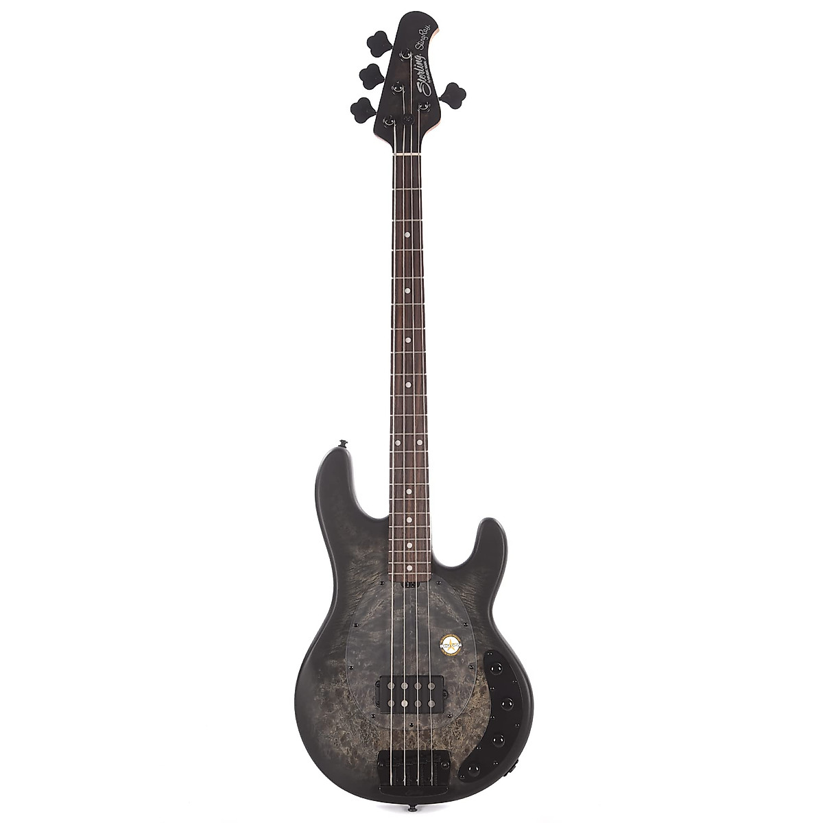 Sterling By MusicMan 4 String Bass Guitar, Right, Poplar Burl, Trans Black Satin (RAY34PB-TBKS-R2)