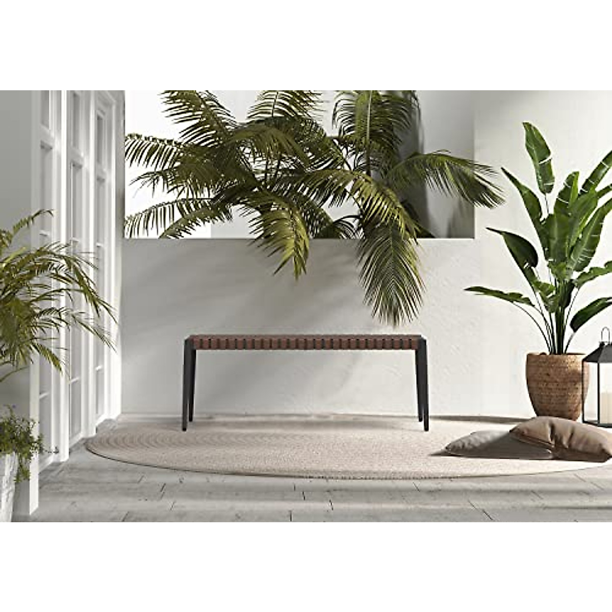 Grand patio Outdoor/Indoor Aksel 2-Seat Bench, Steel Frame Leather-Look Resin Wicker Bench with Tapered Legs, Scandinavian Style Bench for Small Front Porch Entryway Bench for Garden Dining