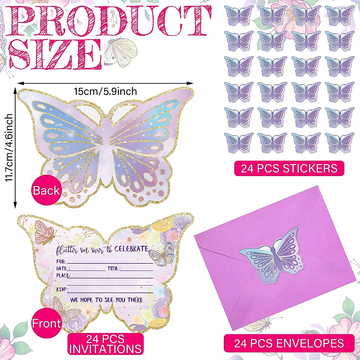 Hotop 24 Sets Mermaid Birthday Invitations with Envelopes and Mermaid Stickers Glitter Butterfly Invitations for Kids Birthday Party Baby Shower Mermaid Themed Party Supplies Pool Party (Butterfly)