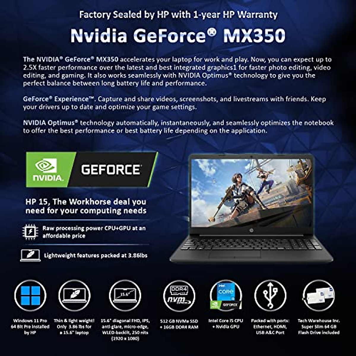 HP 15 Laptop 2022 Intel Core i5-1135G7, Nvidia MX350 2GB, 512GB NVMe SSD, 16GB RAM, Win 11 Pro, 15.6" FHD(non-touch), Jet Black, light weight 3.86lbs, long battery life, 64GB Tech Warehouse Flashdrive