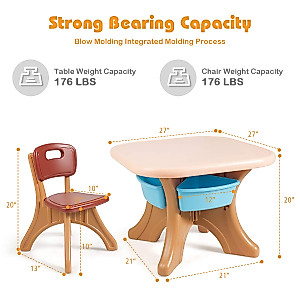 Costzon Kids Table and Chair Set, 3 Piece Activity Table w/Detachable Toy Storage Bin & 2 Chairs for Children Reading Art Craft, Strong Bearing Capacity, Lightweight, Toddler Table & Chair Set, Coffee