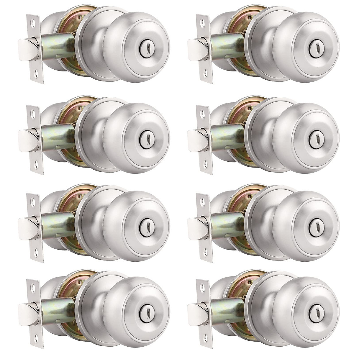 Probrico 8 Pack Interior Privacy Door Knobs Keyless Door Lock Lockset Round Doorknobs in Satin Nickel Door Locks for Bedrooms and Bathrooms Adjustable Latch Backset