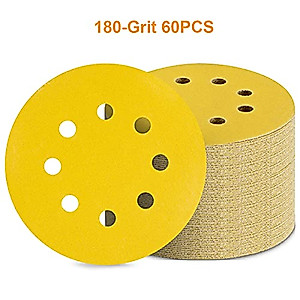 60 Pcs 5 Inch Sanding Discs, 8 Hole 180 Grit Hook and Loop Gold Sanding Discs, 5“ Round Sandpaper for Random Orbital Sander