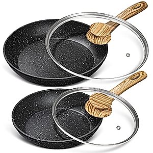MICHELANGELO Frying Pan Set, Frying Pans Nonstick, Non Stick Frying Pan Set with Bakelite Handle, Nonstick Pans Set, Stone Skillets 2 Piece, frying pan set with lids, 8"+10" Stone Frying Pans