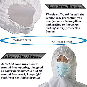 VVicogard Disposable Isolation Coveralls, Front Zipper Elastic Wrists Ankles, Polypropylene PP Protective Coverall Suit Dust-proof with Hood for Manufacturing, Spray Painting, Industrial