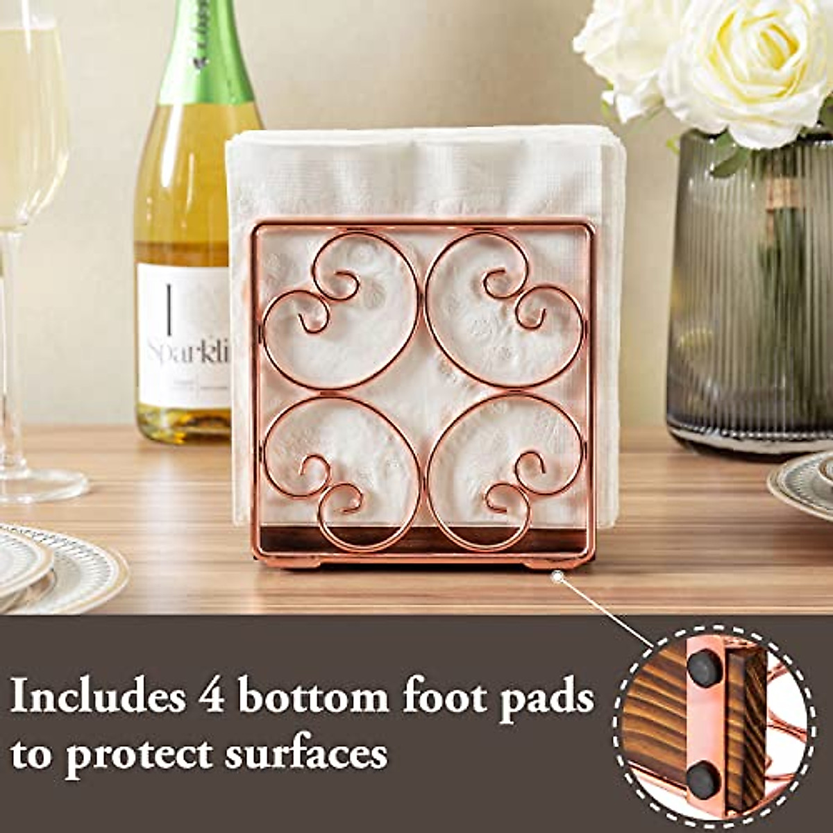 MyGift Copper Tone Metal Wire Napkin Holder with Rustic Burnt Wood Base - Upright Serviette Dispenser Rack with Vintage Style Scrollwork Design