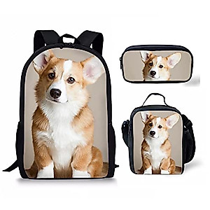 Buybai Cute Corgi Dog Print Children School Backpack Travel Bag Set 3 Piece Teens Shoulder Backpack Lunch Box Pen Holder Organizer