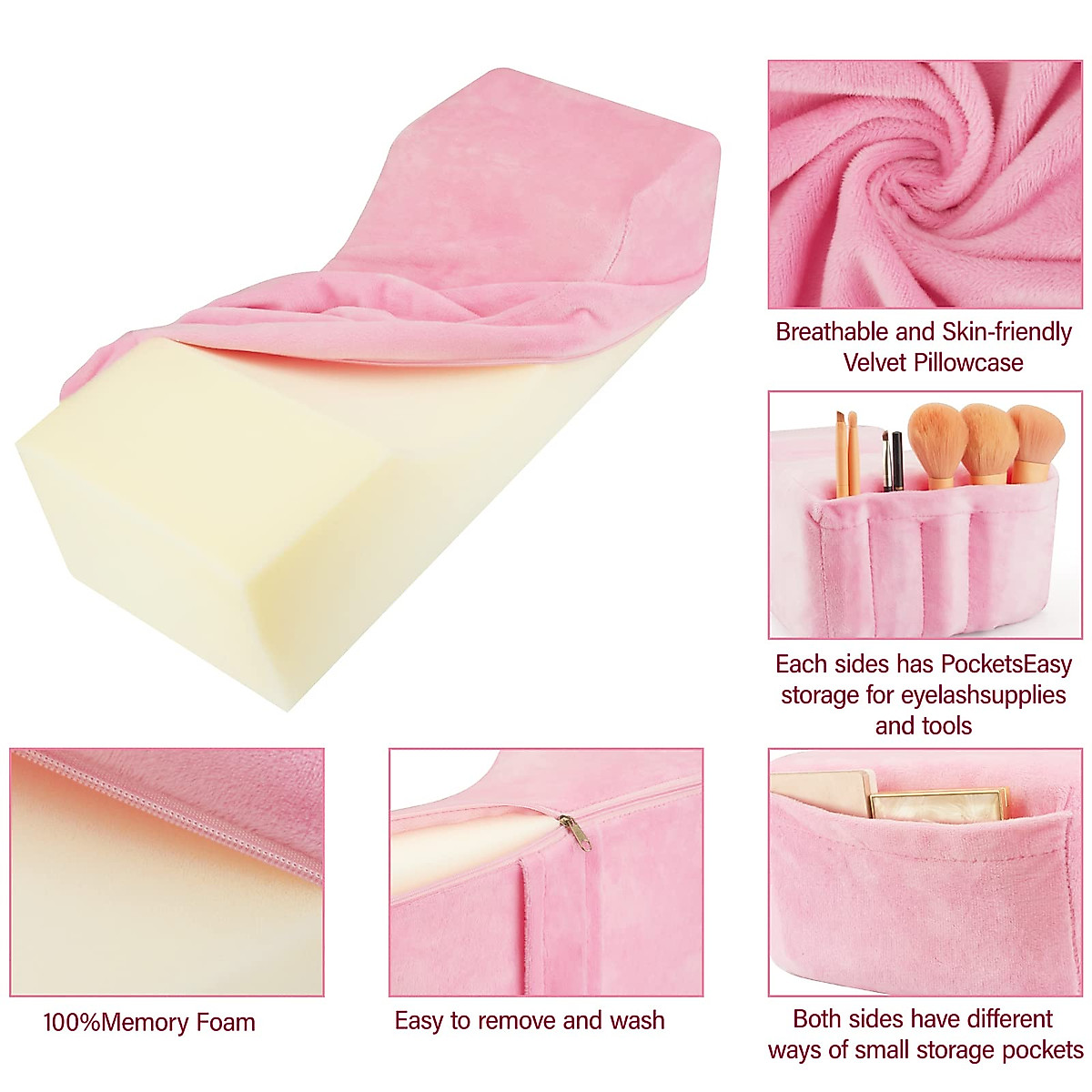 Roury Eyelash Extension Neck Pillow with Light, Pillow Shelf, Eyelash Pillow Make Up Eyelash Extension Pillow with Shelf Organizer Stand, Beauty Salon Pillow (Pink)