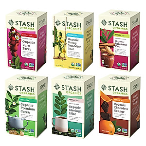 Stash Tea Organic Variety Pack Sampler Assortment - Non-GMO Project Verified Premium Tea with No Artificial Ingredients, 18 Count (Pack of 6) - 108 Bags Total