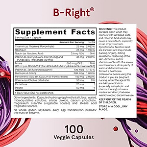 Jarrow Formulas B-Right Optimized B-Complex, Dietary Supplement for Cellular Energy, Immune Health and Stress Management Support, 100 Veggie Capsules, 100 Day Supply