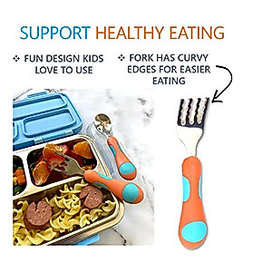 Kids Utensils Toddler Silverware Set x 3 - Stainless Steel Fork Spoon with Travel Case. Metal Cutlery for 1 2 3 4 years old Baby Boy Girl, Round Handle for Lunch-Box, 6 Pieces Orange Blue