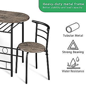 Yaheetech 3 Piece Round Dining Table Set Kitchen Breakfast Table Set for 2 Dining Table with 2 Chairs Space Saving Table Set w/Metal Frame, Wine Rack for Small Space/Apartment, Drift Brown