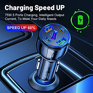75W Ultra-Fast Car Charger, 30W/QC3.0/Type C 5-Port Smart Shunt 12 Volt Car Adapter Cigarette Lighter USB Charger Compatible with iPhone 14 Pro MAX/13,MacBook Pro,iPad Pro (3USB+2PDBlack)