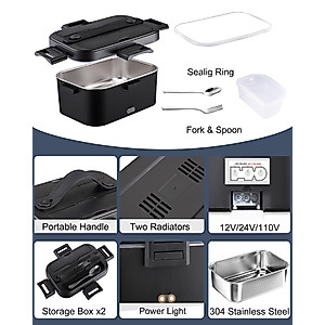 Nifogo Electric Lunch Box Food Heater 75W Portable Heated Lunch Box for Adults 3 in 1 Portable Food Warmer 110V/12V/24V, with 1,8L Removable Stainless Steel Container & Bag(Black)