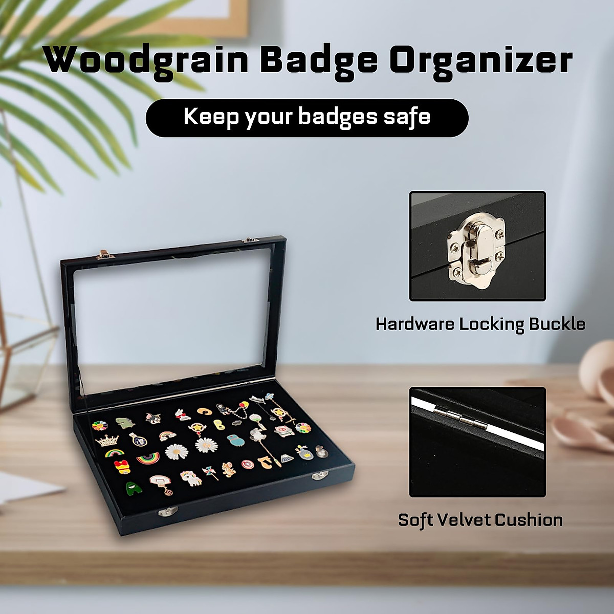 Dustproof Pin Display Case, 28x20x5cm Shadow Box Frame with Locking Buckle, Sponge Lining Medal Collection Display with Glass Door, for Enamel Pin, Badge, Military Medals, Beach Tags, Jewelry