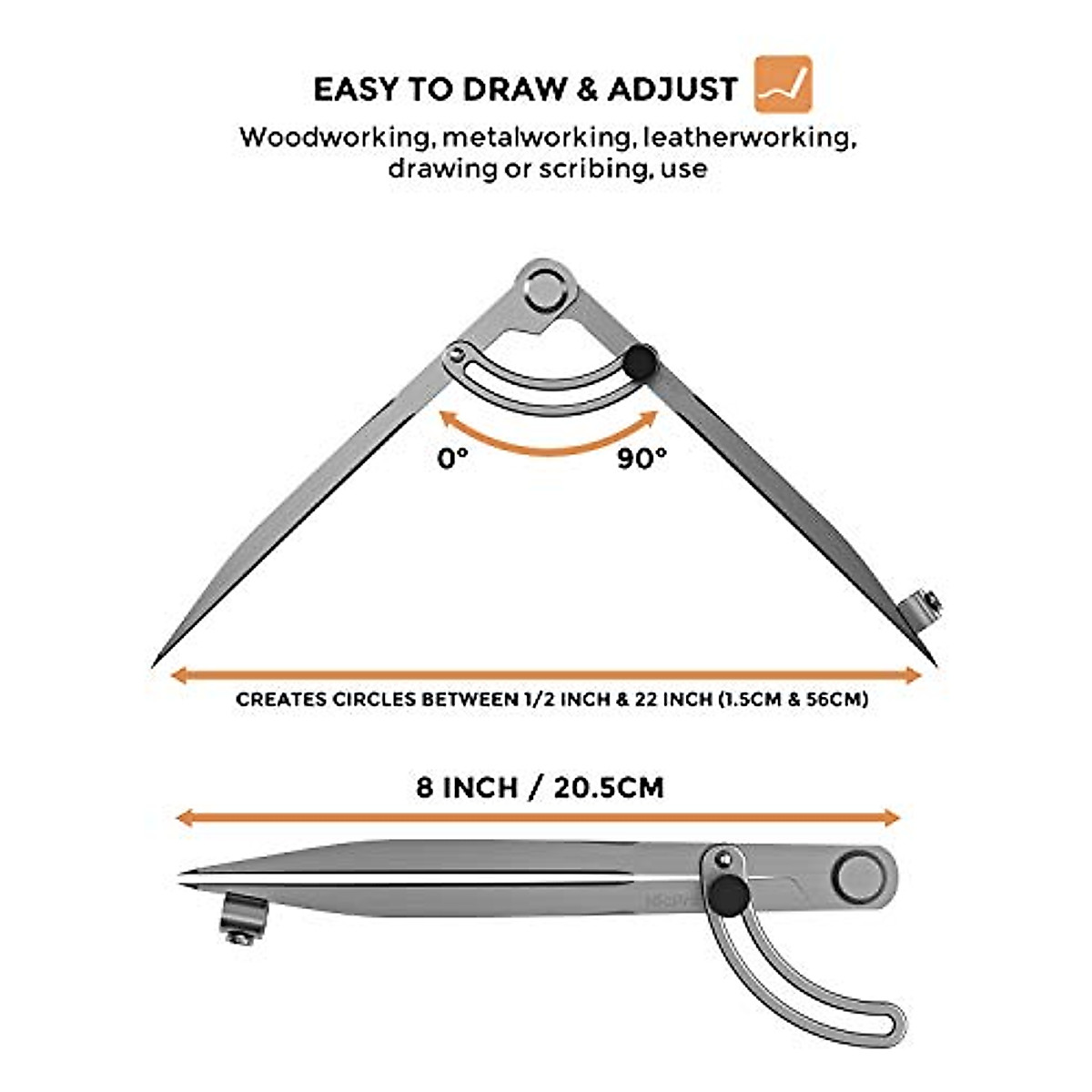 Nicpro 8 Inch Compass for Woodworking with Wing and Pencil Holder, Professional Carpenter Pencil Compass Great for Geometry, Drawing, Drafting