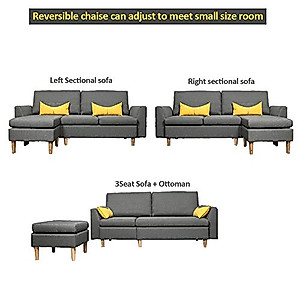 Best-Living Furniture Modern Linen Fabric L-Shaped Small Space Sectional Sofa with Stool, Reversible Chaise, in Grey