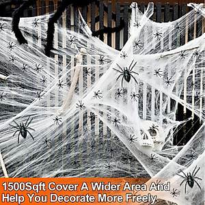 1500 sqft Halloween Spider Web Decorations Super Stretch Cobweb with 130 Plastic Fake Spiders Glow in The Dark Halloween Decorations Indoor Outdoor Party Supplies Haunted House Decor (450g)
