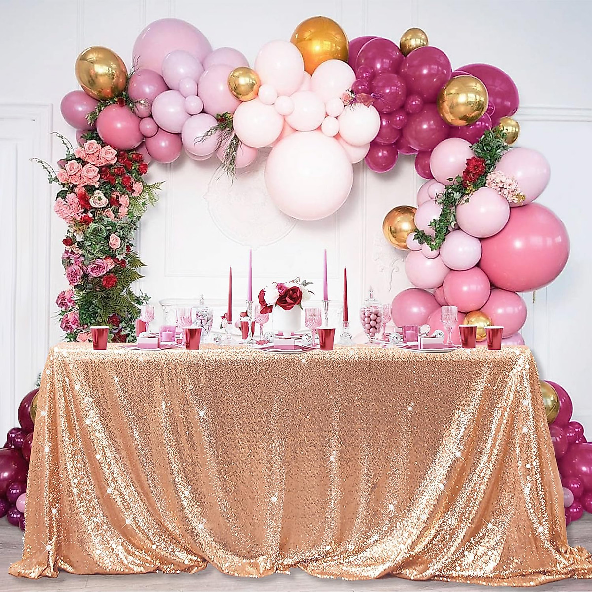 Rectangle 60X120 inch Rose Gold Sequin Table Cloths for Parties, Glitter Shiny Overlay Cover Fitted 6 FT Food Dessert Cake Tables for Birthday Wedding Baby Shower Holiday Reception Decoration