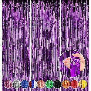Mtkocpk Purple Party Decorations - 3-Pack of 8x3.2 Feet Purple Foil Fringe Streamers Curtains Perfect for Gender Reveals, Bachelor Parties, Mermaid, and Butterfly Themed Birthday Party Decor